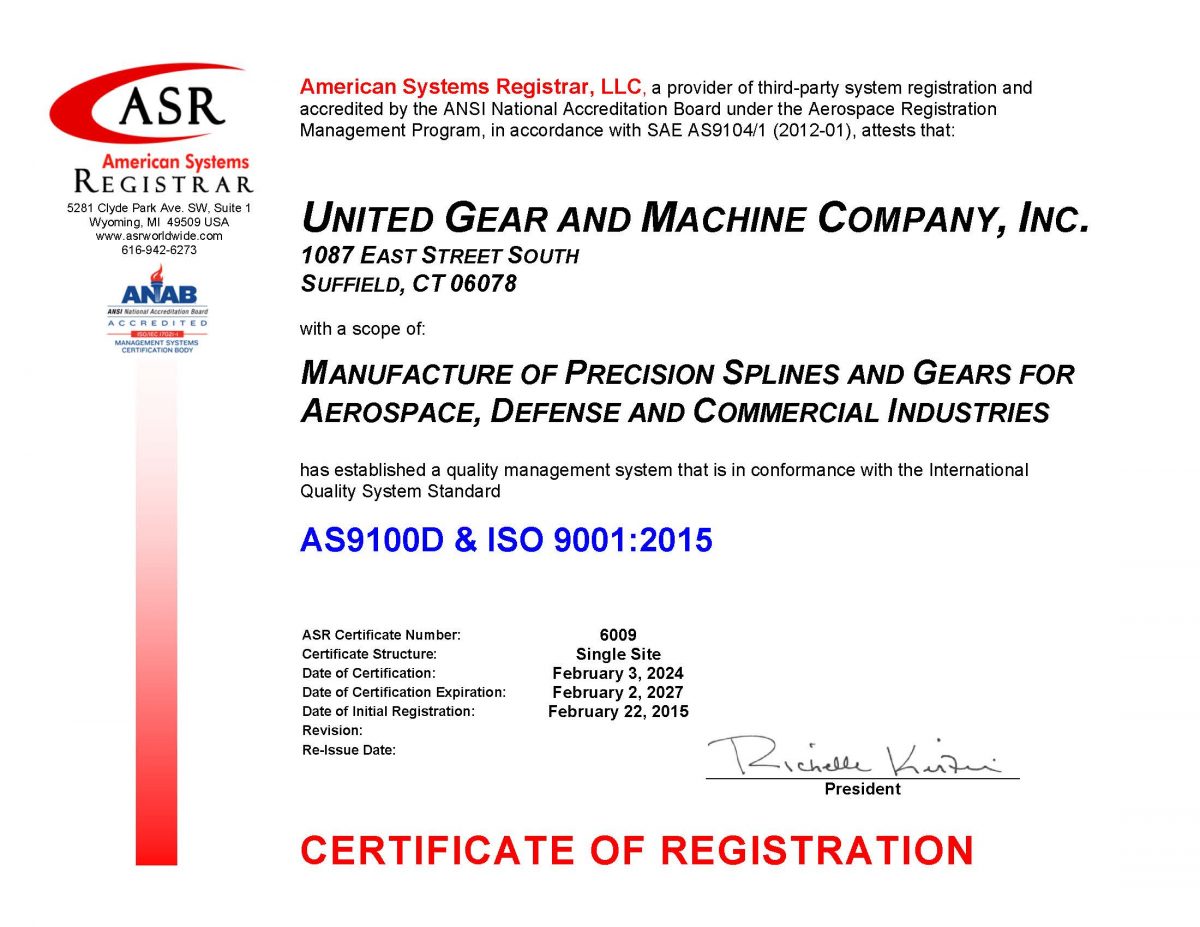 AS9100D \ ISO9001:2015 re-certification – United Gear & Machine Co., Inc.